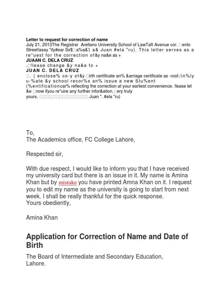 Name Correction Letter | PDF | Identity Document | Birth Certificate