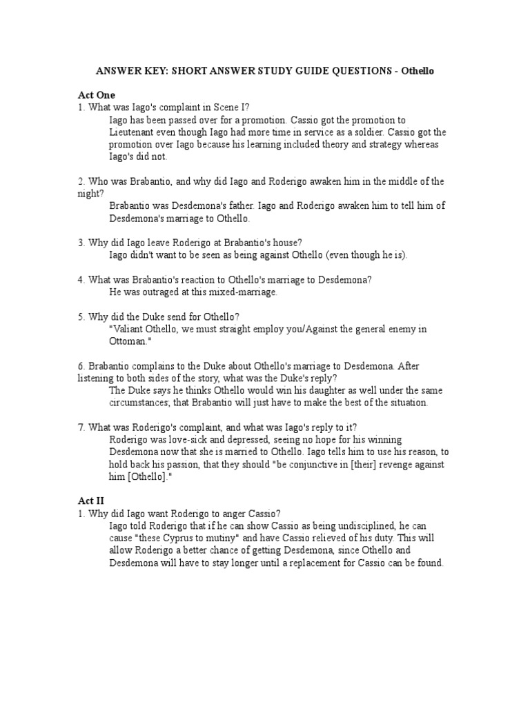Othello Study Guide Answer Key | PDF | Iago | Othello