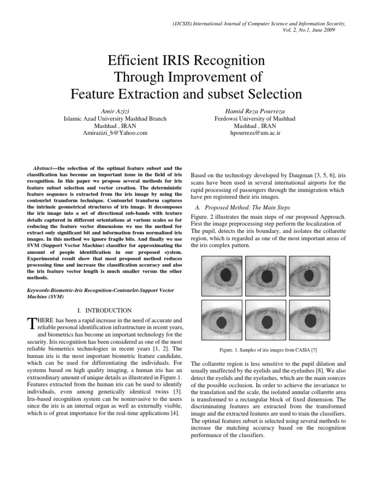Efficient IRIS Recognition Through Improvement of Feature Extraction and Subset Selection | PDF ...