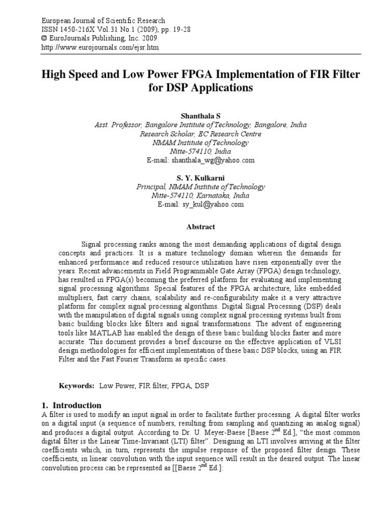 High Speed and Low Power FPGA Implementation of FIR Filter For DSP Applications | PDF | Digital ...