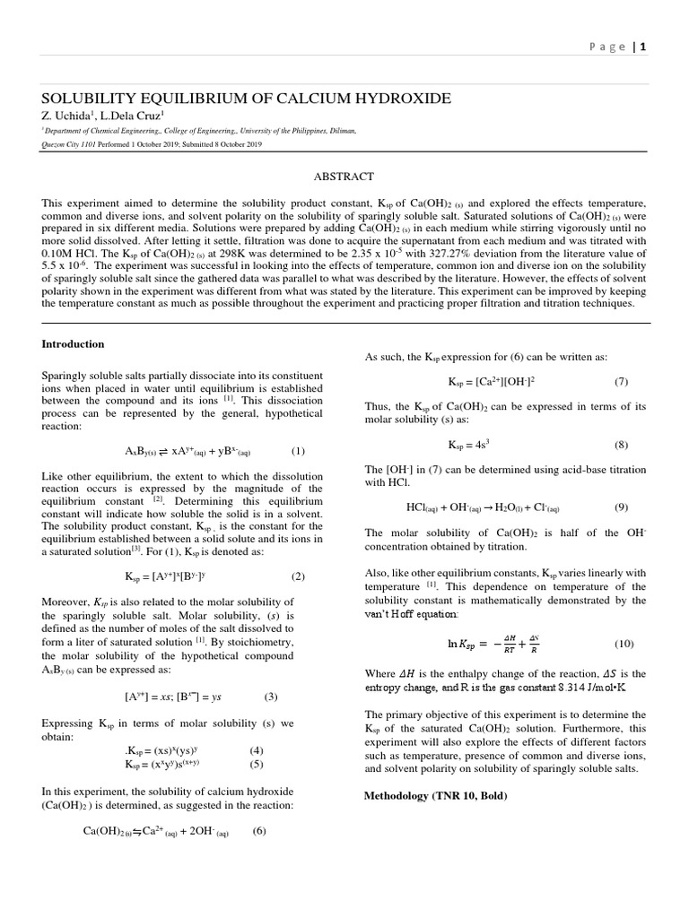 Solubility Equilibrium of Calcium Hydroxide | PDF | Solubility | Solution