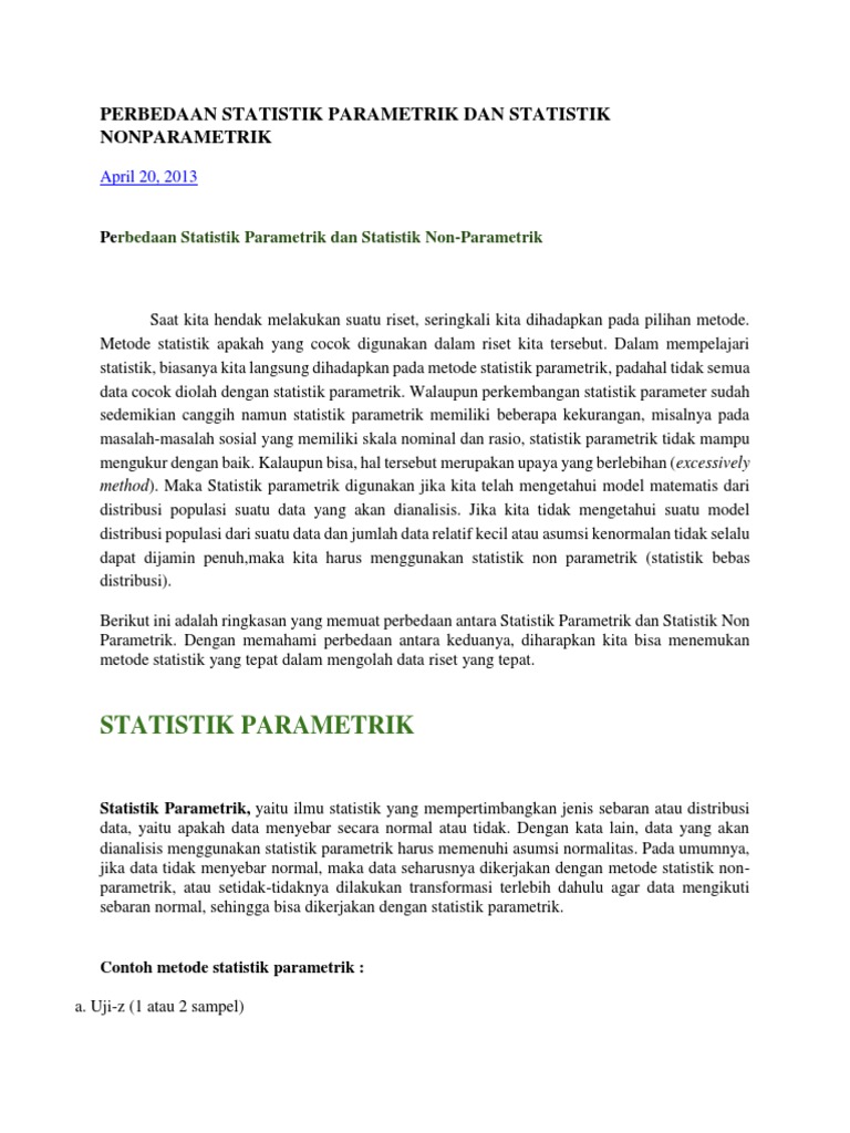 Perbedaan Statistik Parametrik Dan Statistik Nonparametrik | PDF