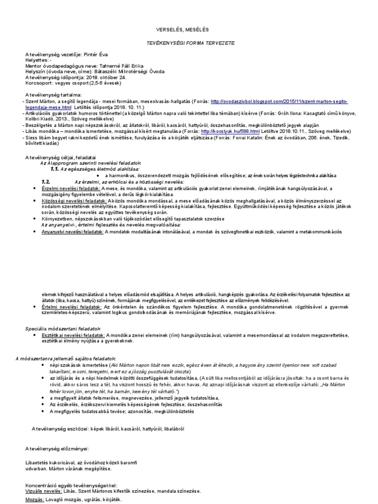 Verselés Mesélés Tervezet Márton Nap | PDF