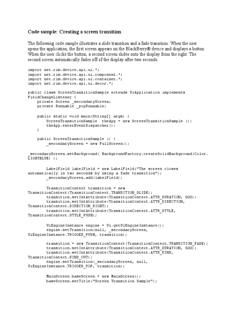 Code Sample: Creating A Screen Transition | PDF | System Software ...