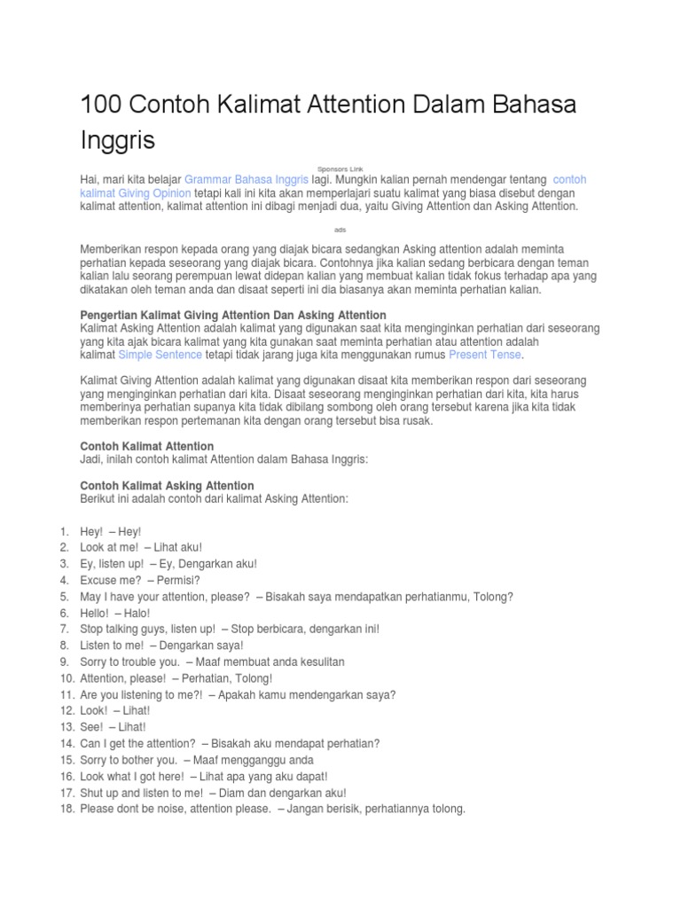 100 Contoh Kalimat Attention Dalam Bahasa Inggris | PDF