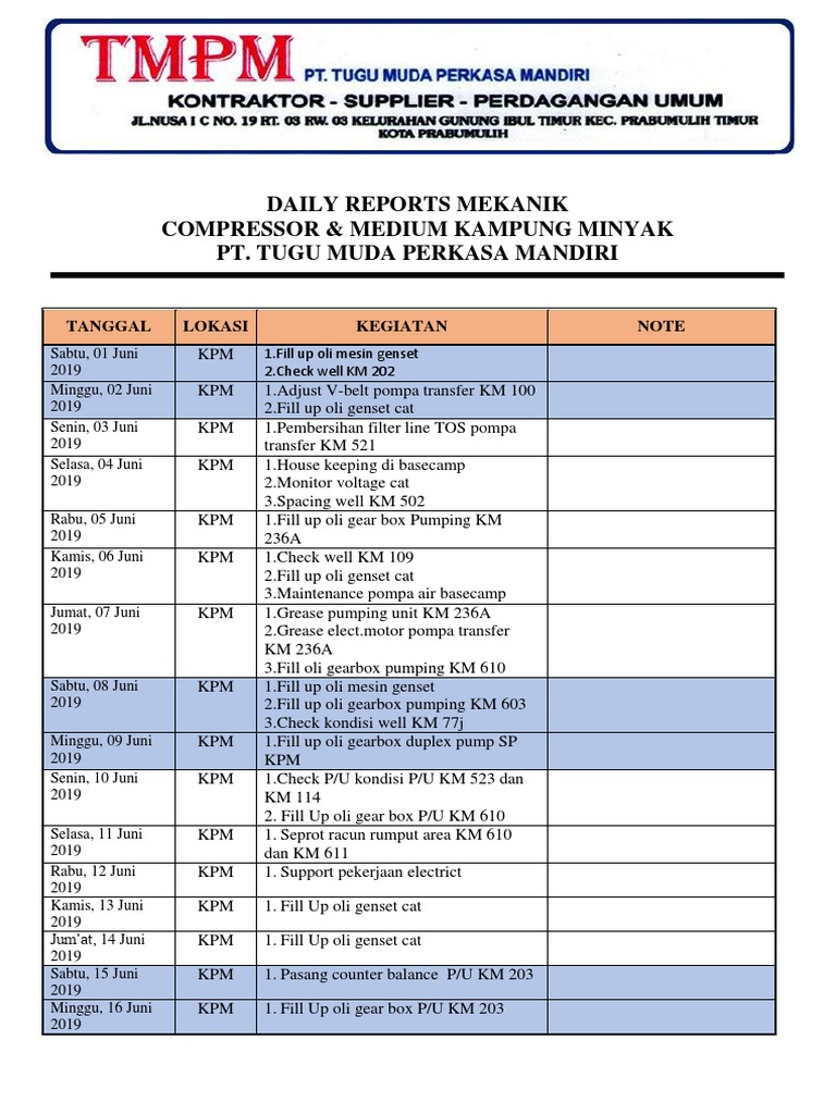 Daily Report Mekanik | PDF | Mechanical Engineering | Manufactured Goods