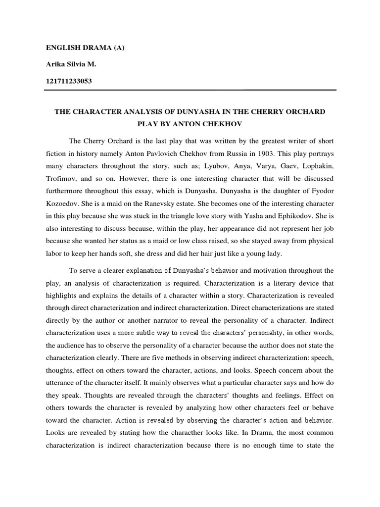 Characterization of Dunyasha in The Cherry Orchard Road by Anton ...