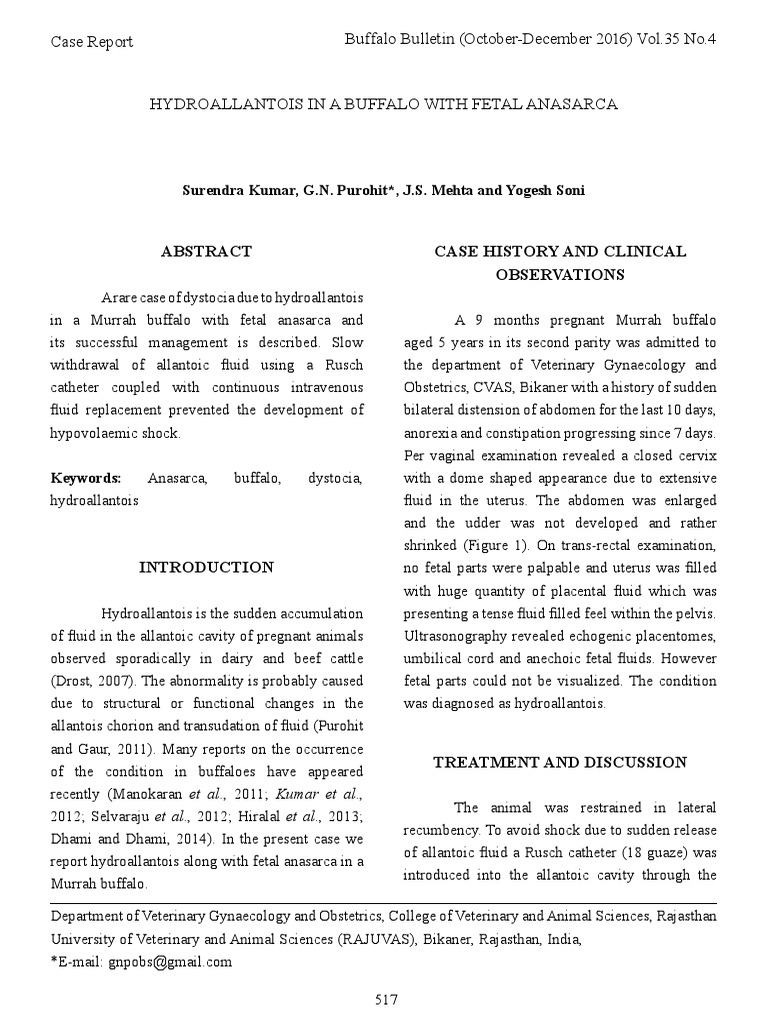 Hydroallantois in Buffalo With Fetal Anasarca | Download Free PDF ...