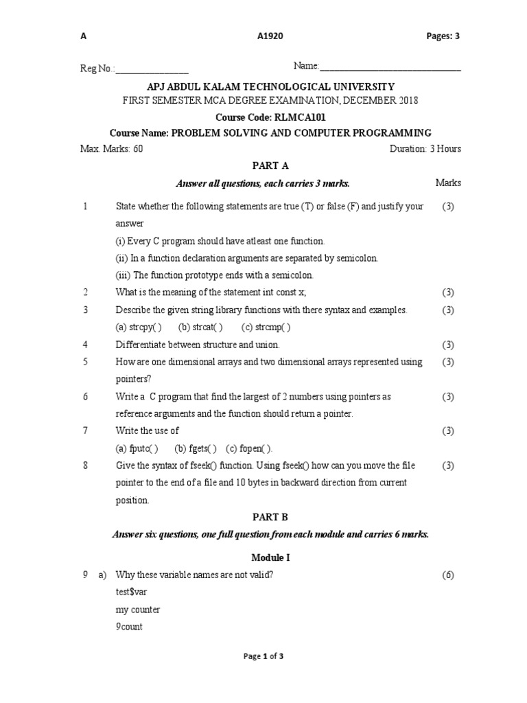 Problem Solving With C Ktu Question Paper Mca S1 Dec 208 Pdf C Programming Language Mean
