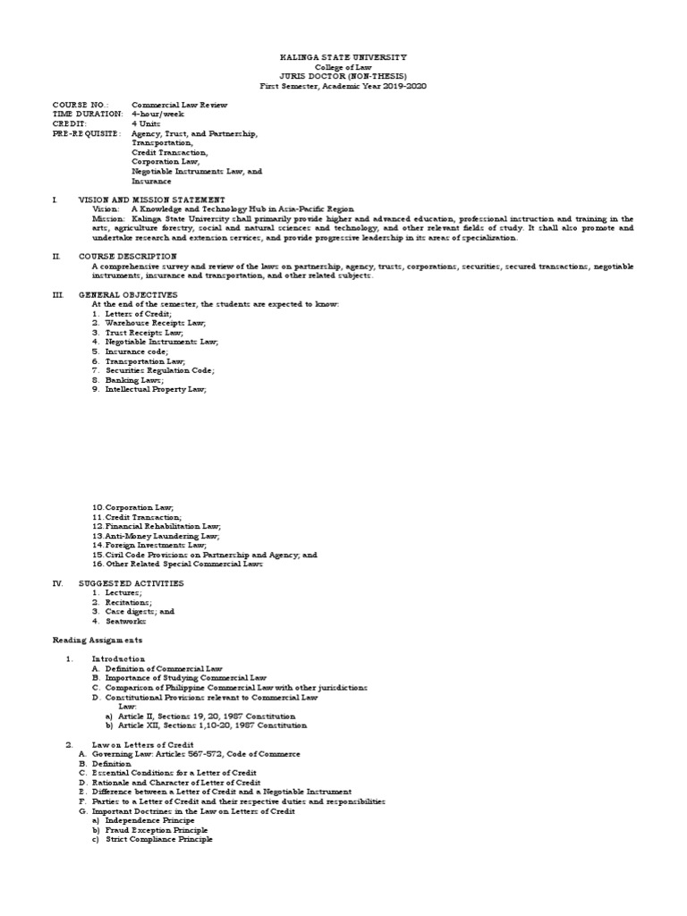 Commercial Law Syllabus | PDF | Liability Insurance | Letter Of Credit