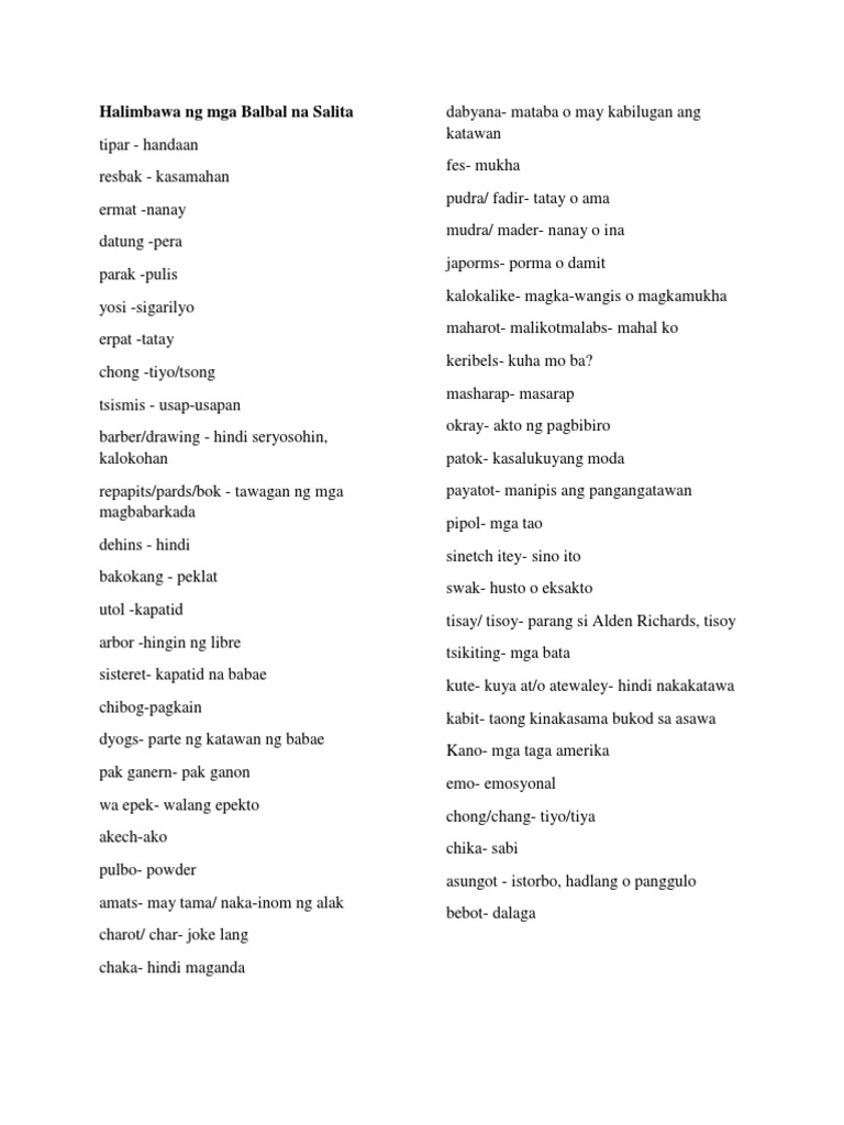 Halimbawa NG Mga Balbal Na Salita | PDF