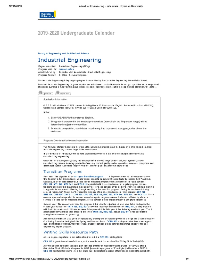Industrial Engineering - Calendars - Ryerson University | Download Free ...