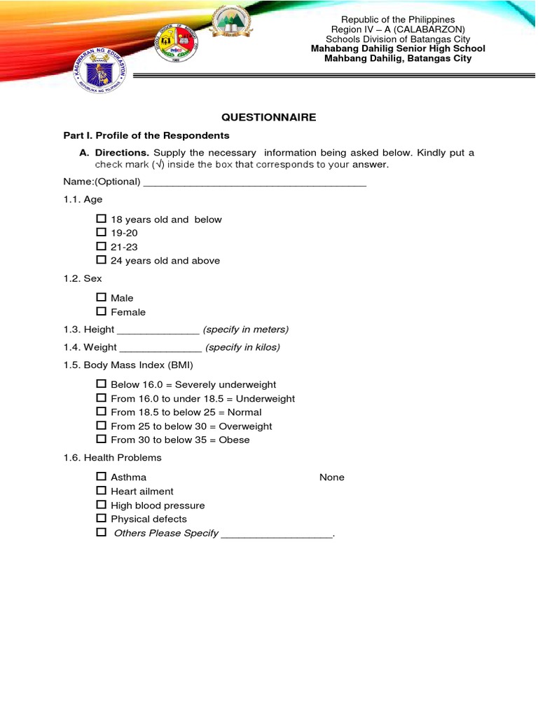 Sample Questionnaire | PDF | Body Mass Index | Nutrition