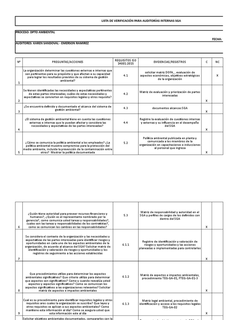 Lista de Verificación Auditoria Sga | PDF | Planificación | Entorno natural