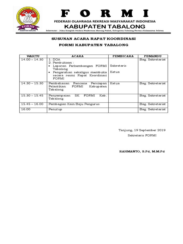Susunan Acara Rapat Koordinasi Formi | PDF