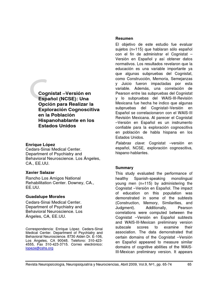 Cognistat-Version en Español PDF | PDF | Sicología | Cognición