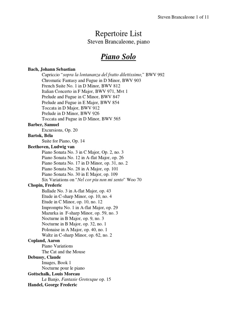 Repertoire List For Website | PDF | Concerto | Opus Number