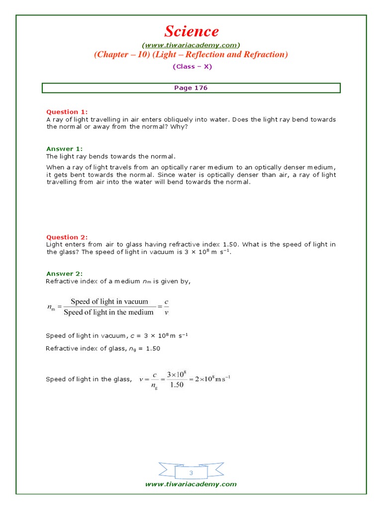 Class 10 Science: Light Refraction Answers | PDF | Refractive Index ...