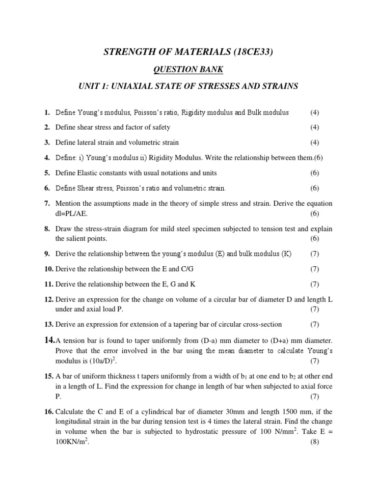 STRENGTH OF MATERIALS 1st Unit QB | PDF | Young's Modulus | Strength Of ...