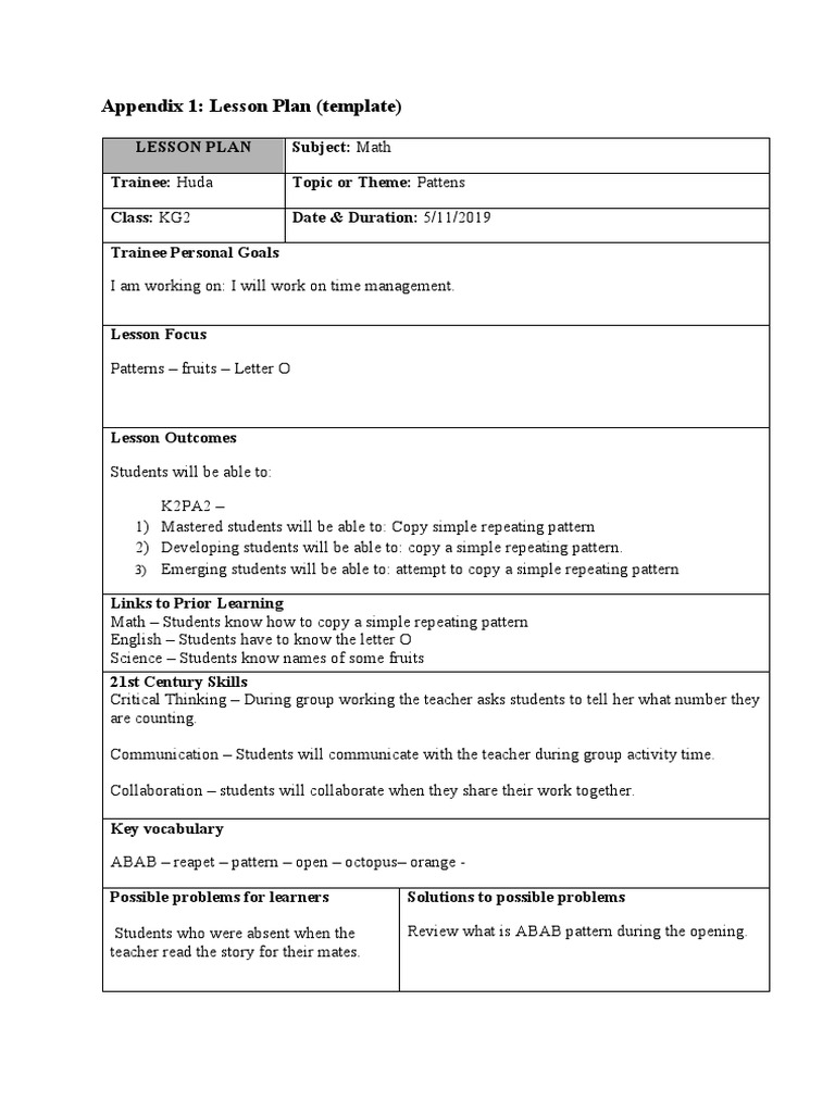 Pattern Lesson Plan 11 | PDF | Lesson Plan | Education Theory