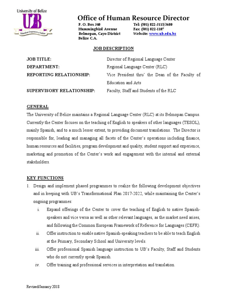 Director of Regional Language Center Job Description | PDF | English As ...