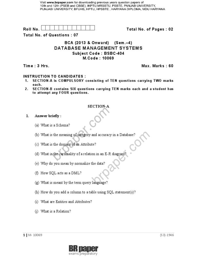 Ptu Bca Exam Questions Paper | Download Free PDF | Sql | Relational Model
