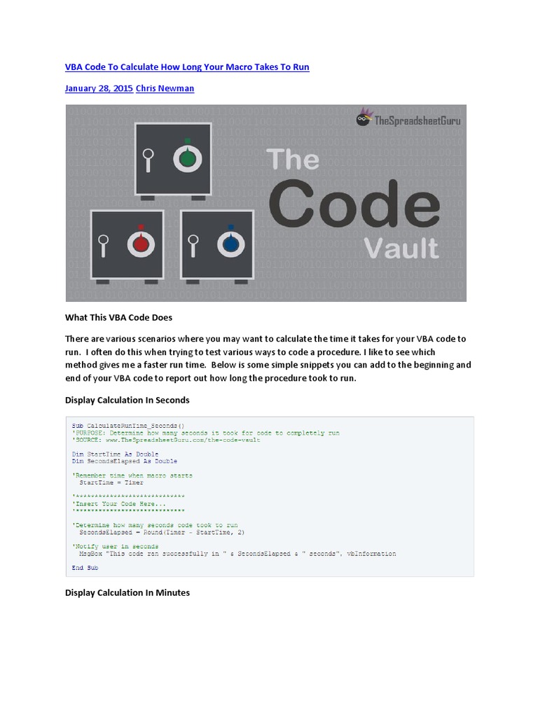 VBA Code To Calculate How Long Your Macro Takes To Run | PDF | Self-Improvement | Computers