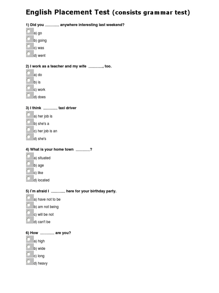 English Placement Test - All Levels | PDF