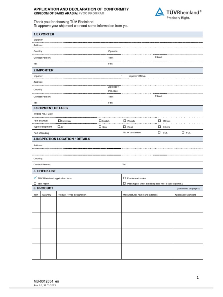 Tuv Application Form Saudi Arabia Saso Program | PDF | Verification And ...