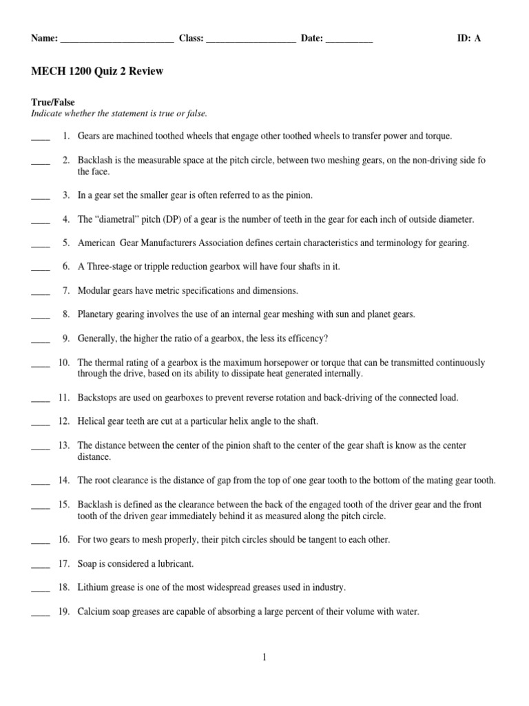 Quiz 2 Review | PDF | Gear | Transmission (Mechanics)