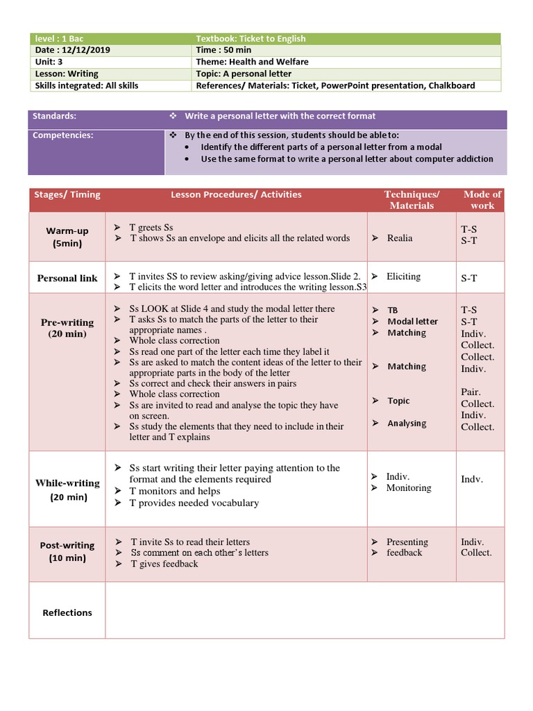1 Bac Unit 3 Writing Letter Docx Version 1 Pdf Pedagogy Cognition