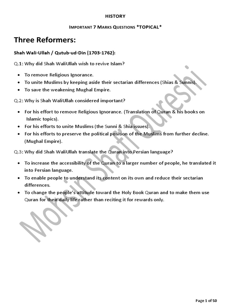 Key Questions on Pakistan's Historical Reformers | PDF | Muhammad Ali ...