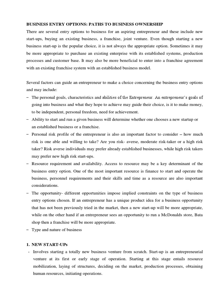 Business Entry Options | PDF | Franchising | Entrepreneurship