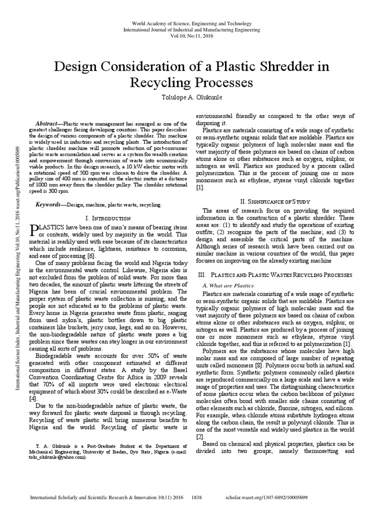 Design of Plastic Shredder for Recycling | PDF | Polymers | Plastic