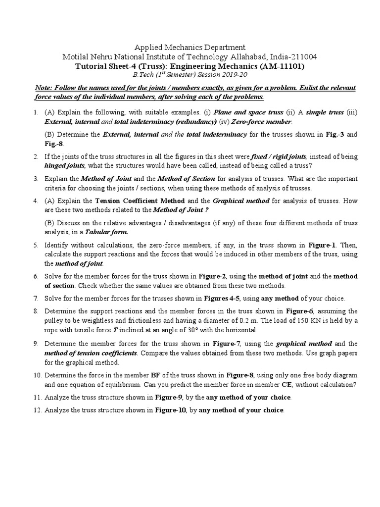 Tutorial Sheet-4 (Truss) AM11101 | PDF | Truss | Tension (Physics)