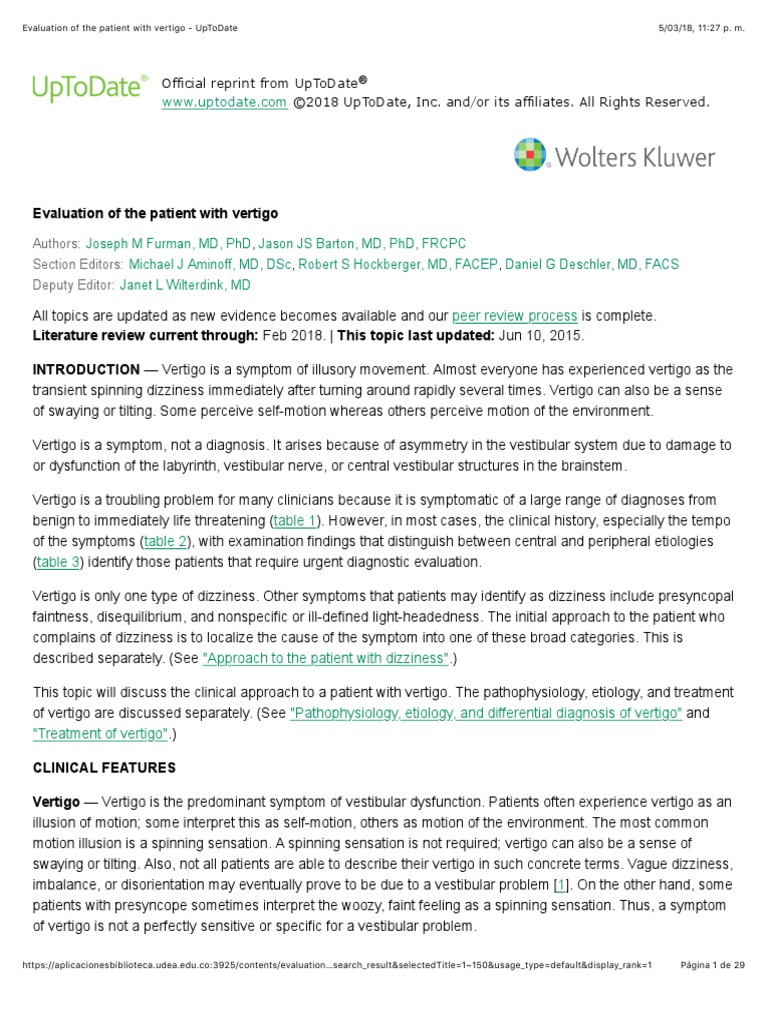 Evaluation of The Patient With Vertigo - UpToDate PDF | PDF | Vertigo ...