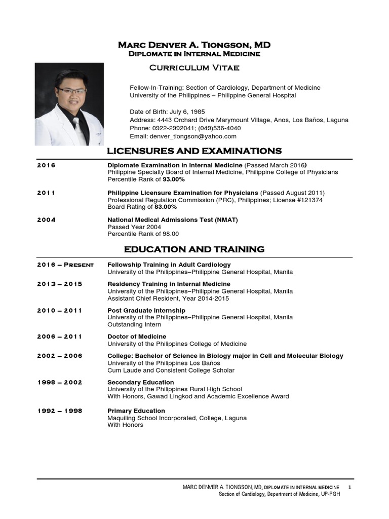 Sample Resume Denver Tiongson | PDF | Medical School | Doctor Of Medicine