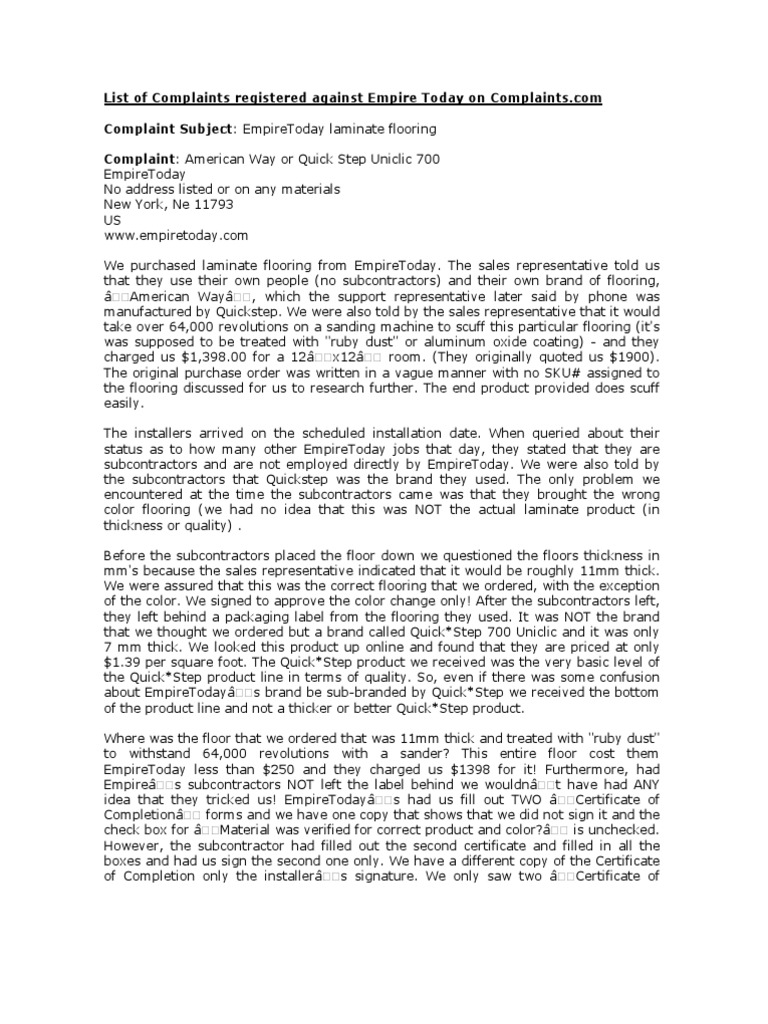 Complaints Empire Today | PDF | Flooring | Carpet