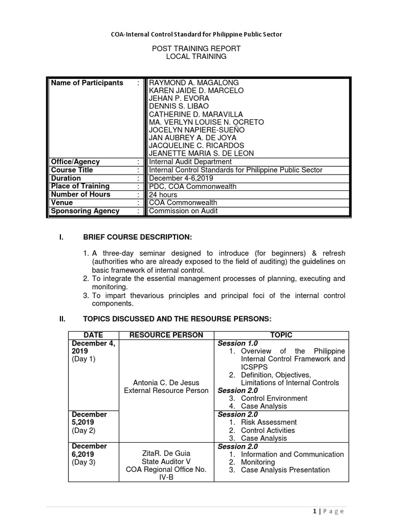 Post Training Report 20191206-Coa | PDF | Internal Control | Internal Audit