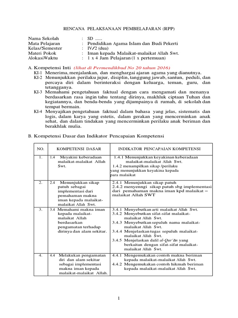 Contoh RPP PAI SD - 2018 | PDF