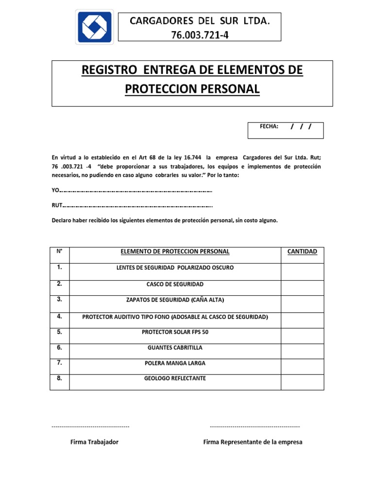 Registro Entrega de Epp Formato.