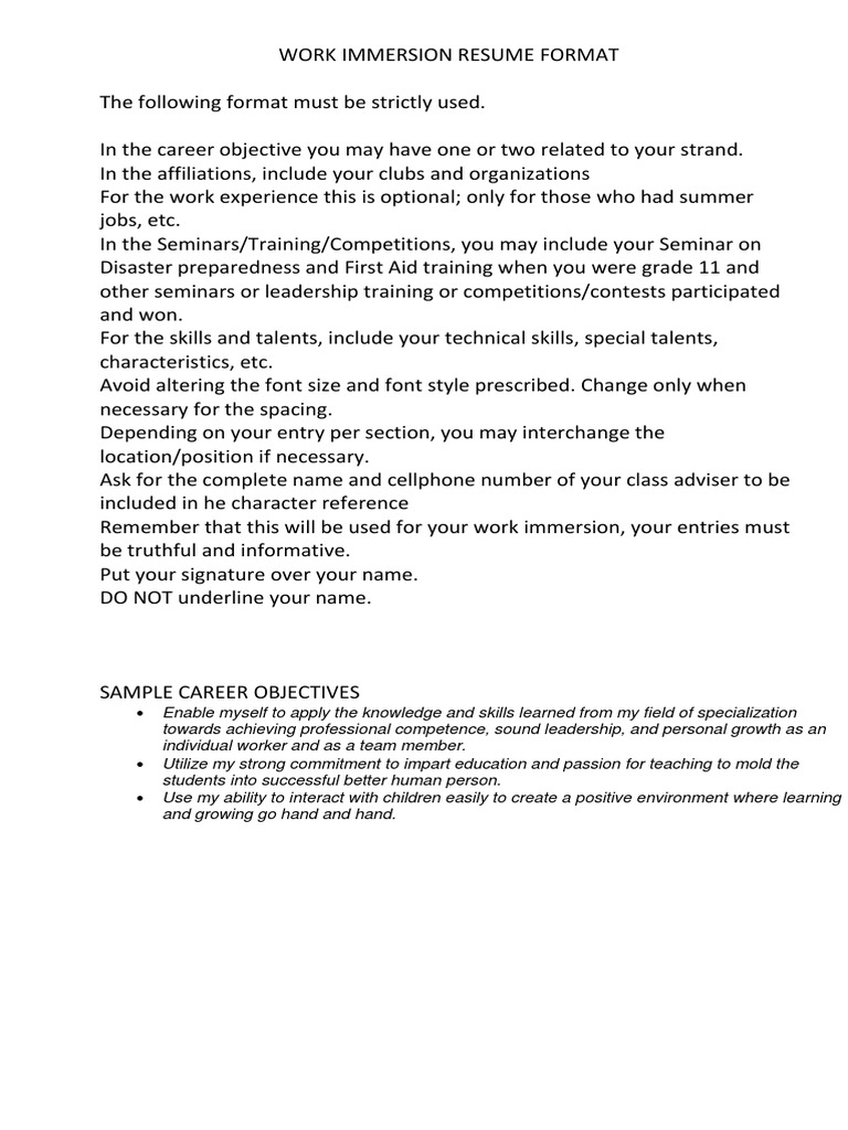 Work Immersion Resume: A Comprehensive Guide | PDF | Leadership ...
