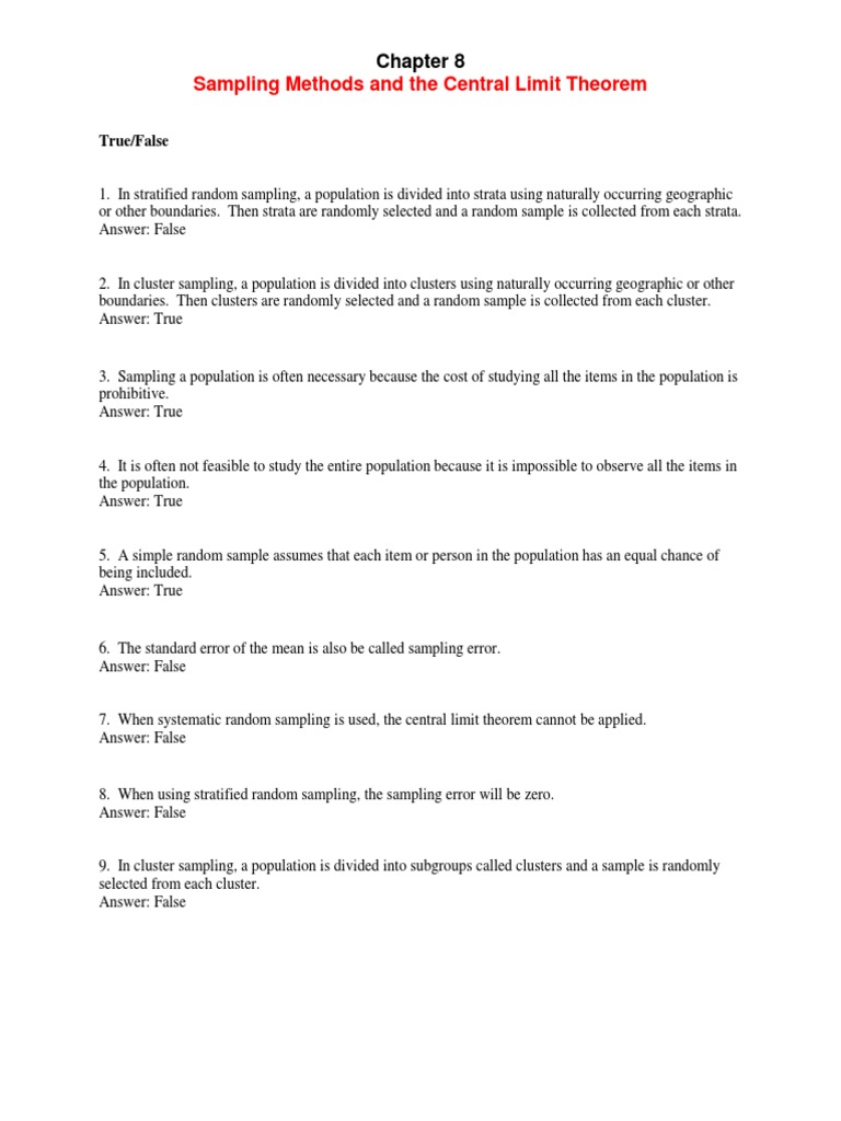 Ch08 Sampling Methods and The Central Limit Theorem | PDF | Sampling (Statistics) | Mean