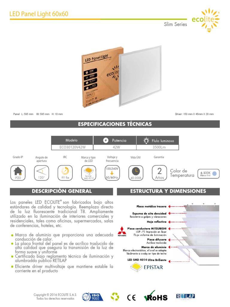 Ficha Tecnica Panel Led 42w Ecolite | PDF