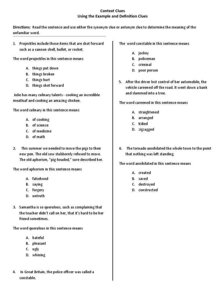 Example - Definitions (Context Clues) | PDF