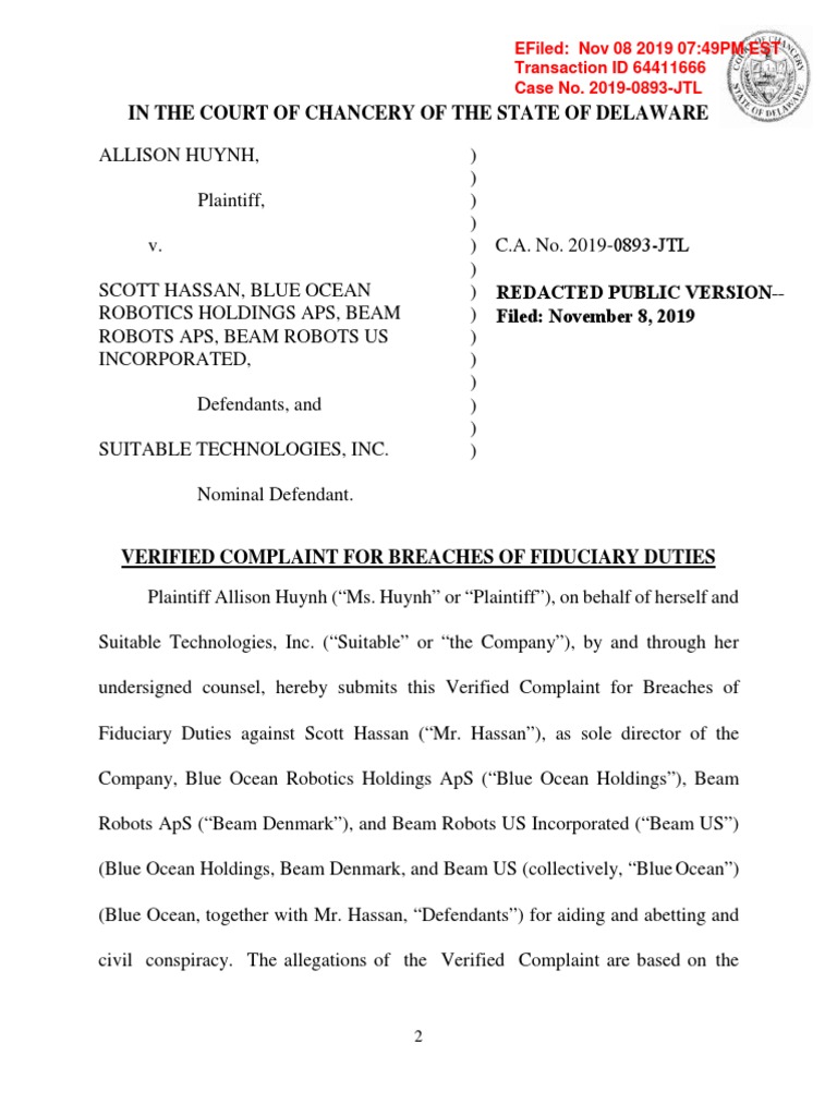 Plaintiff's Opening Briefing: Allison Huynh V Scott Hassan, Blue Ocean ...