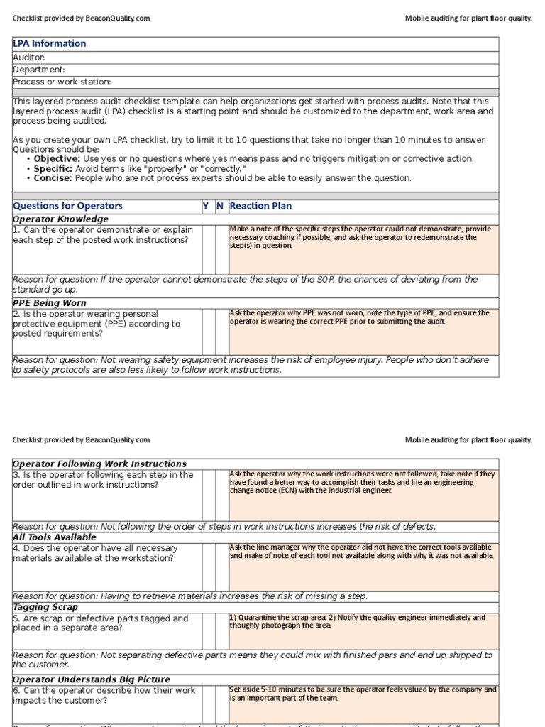 LPA Checklist Excel Table v6 | PDF | Personal Protective Equipment ...