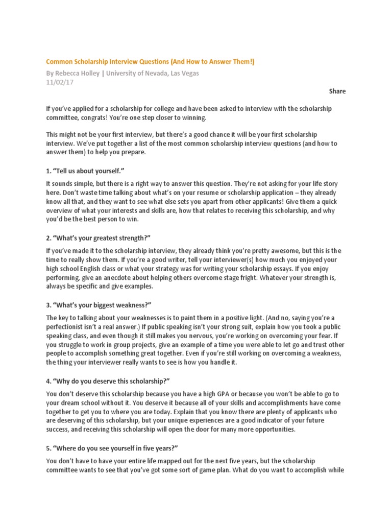 Common Scholarship Interview Questions | PDF | Postgraduate Education ...