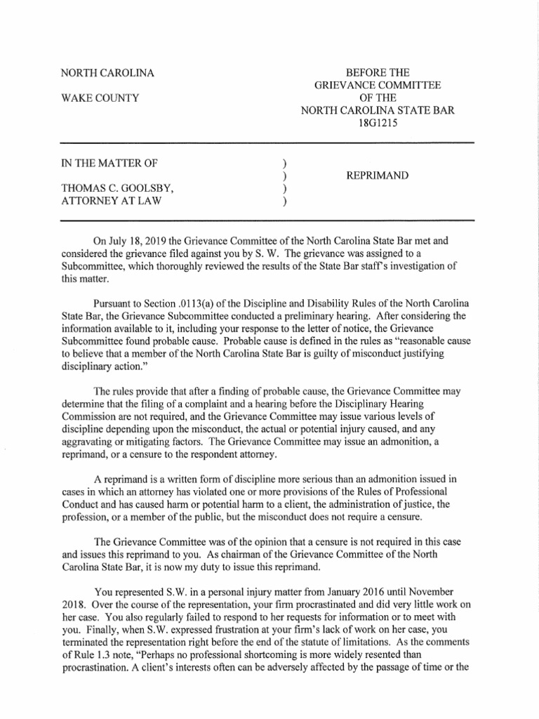 Thomas Goolsby - NC State Bar Reprimand - Port City Daily | PDF ...