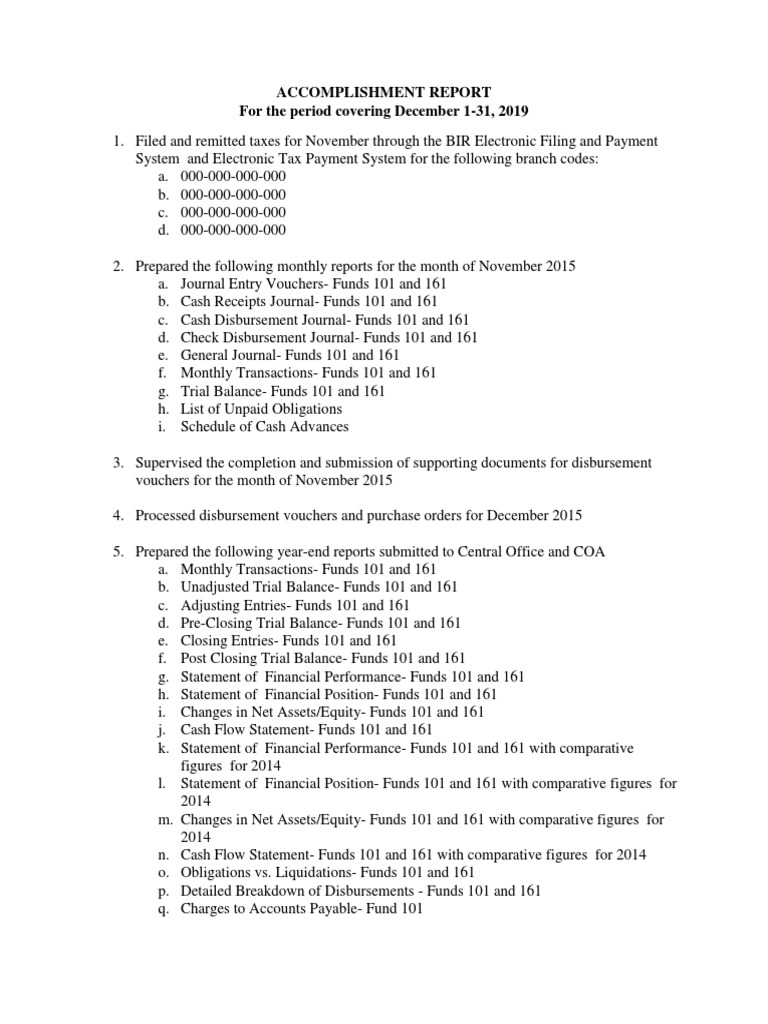 Accomplishment Report 1 | PDF | Payments | Accounts Payable